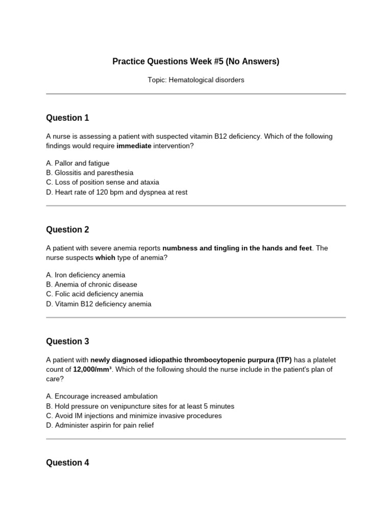 Practice Questions Week #5 (No Answers) | PDF | Anemia | Blood