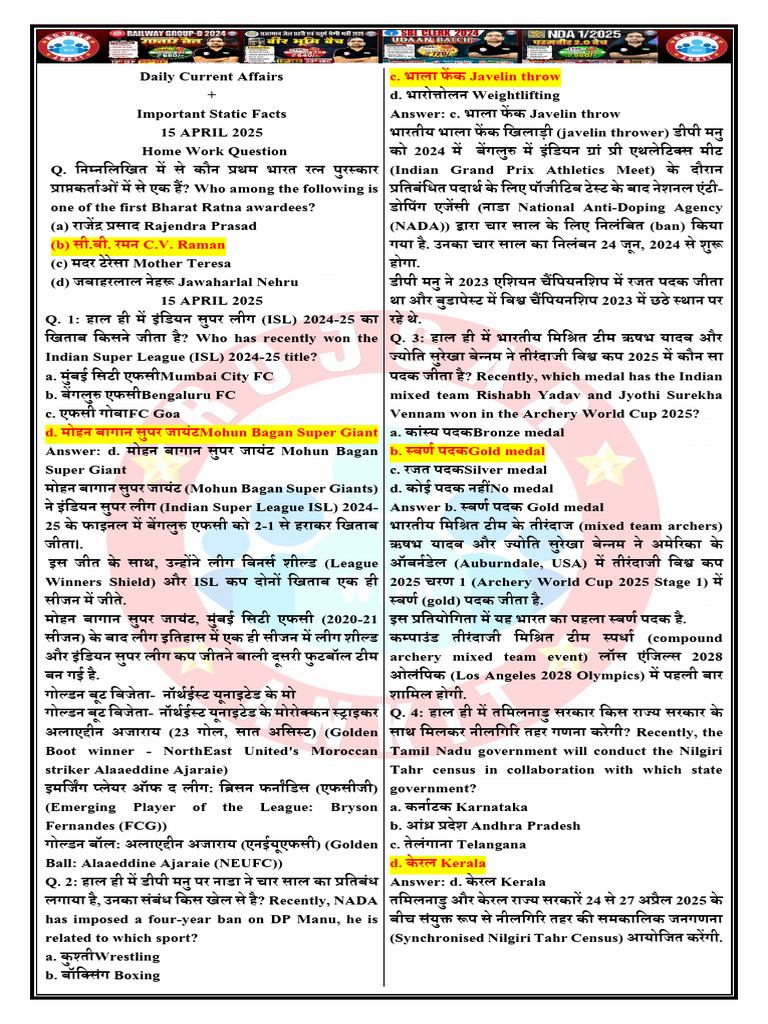 15 APRIL 2025 Current Affairs Aadarsh Sir-3 | PDF