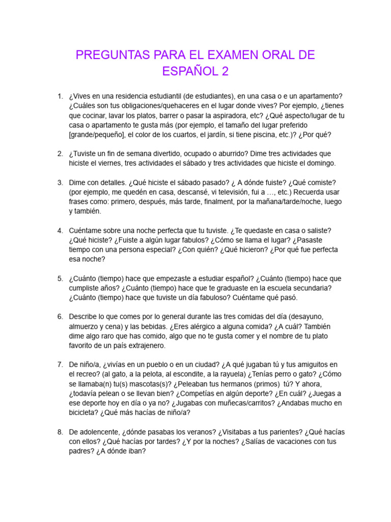 Preguntas para Examen Oral Español 2 | PDF