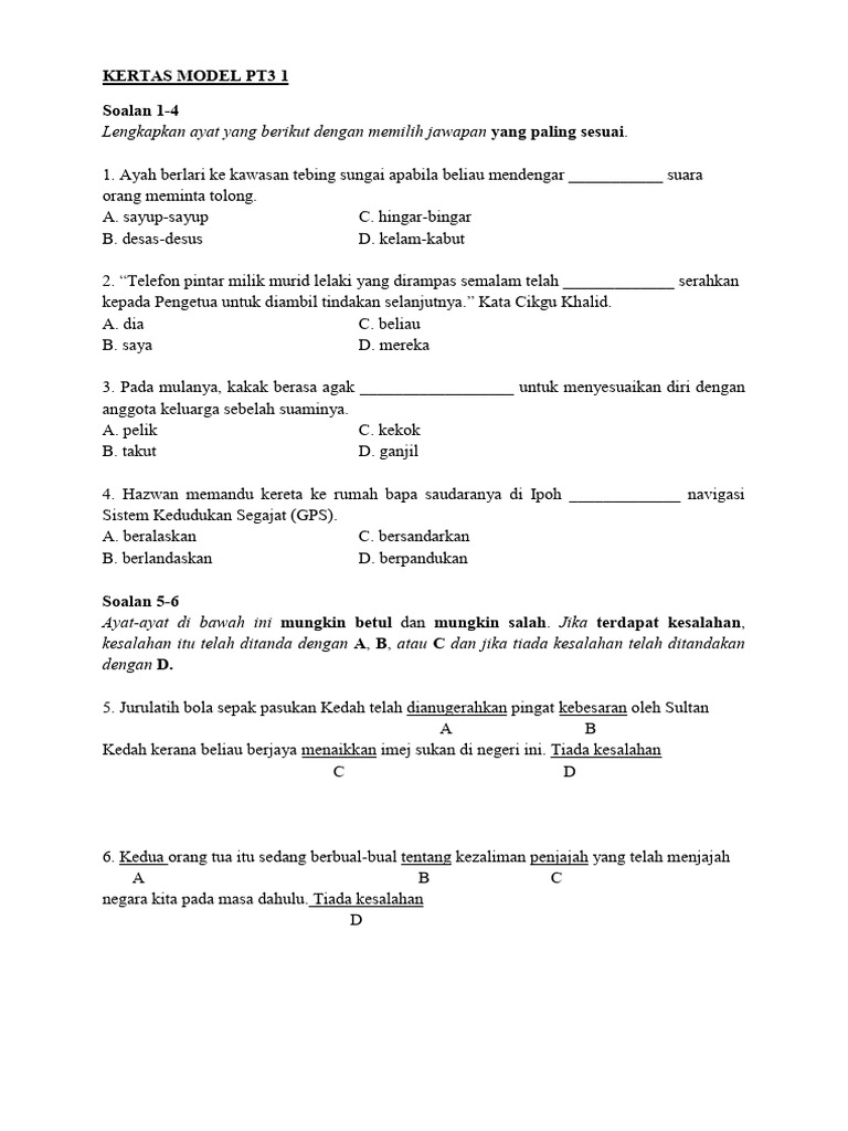 Kertas Model Pt3 1 Soalan 1 10 Pdf