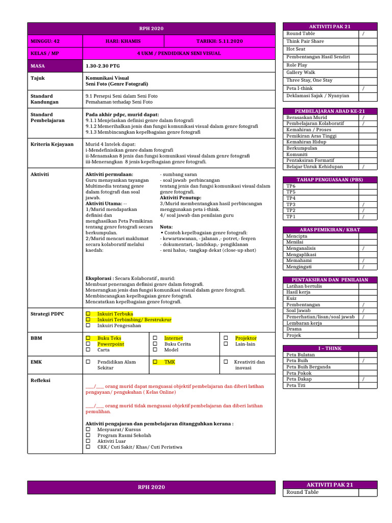 RPH 2020 Fotografi Tingkatan 4 | PDF