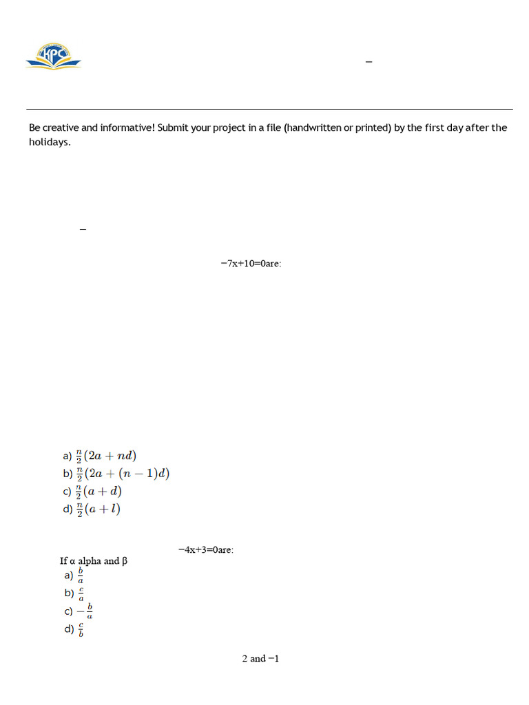 Mathematics Holiday Homework | PDF | Mathematics | Algebra