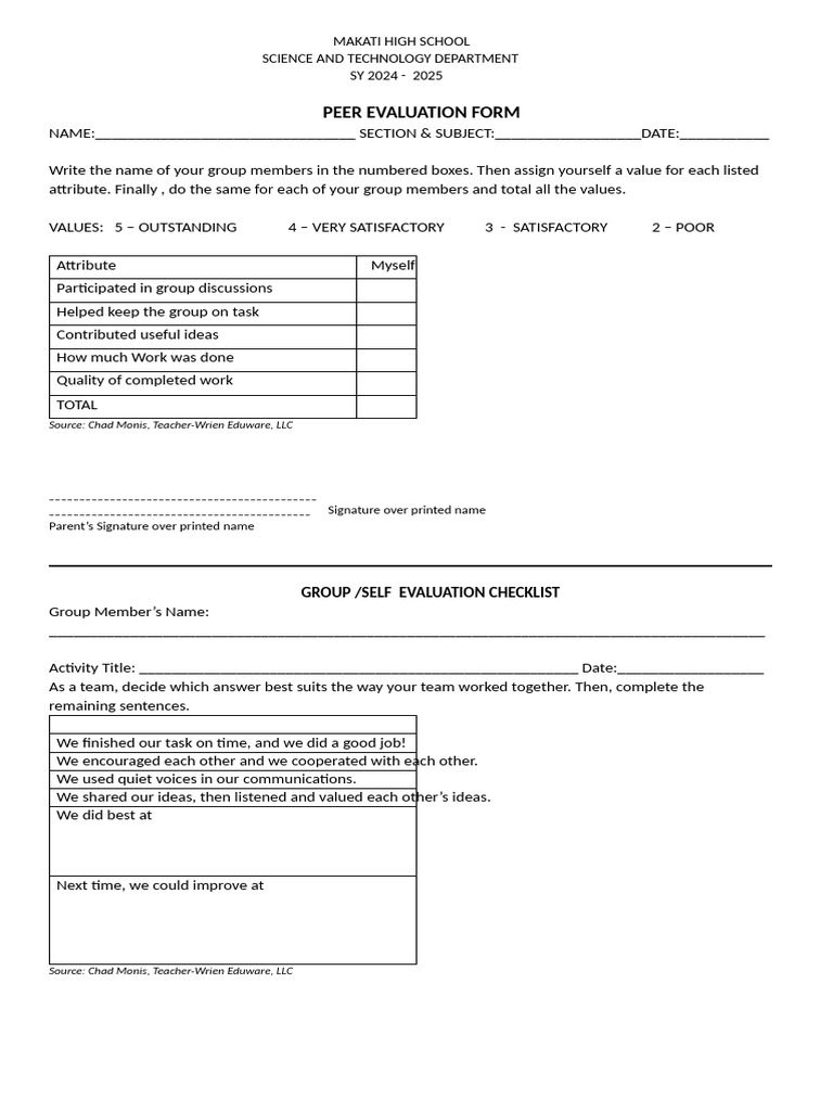 Makati High School Peer Evaluation Form | PDF