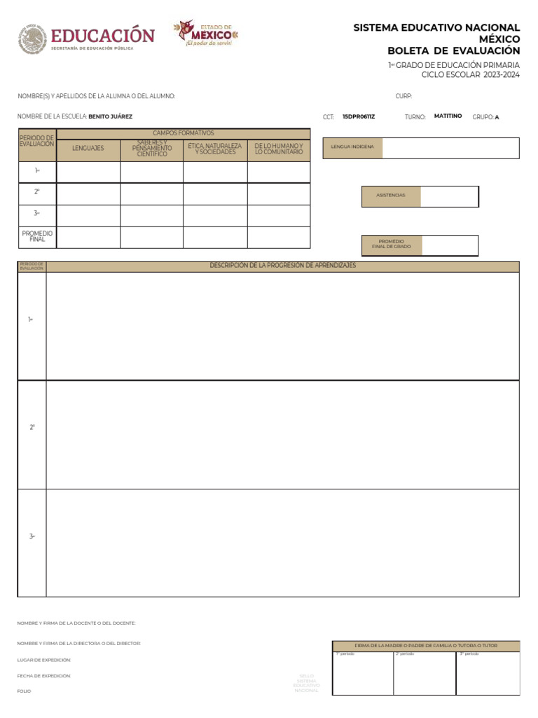 Boleta de Evaluación Primaria 2023-2024 | PDF | Escuelas | Maestros