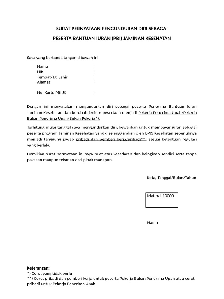 Surat Pernyataan Pbi Ke Ppnpn | PDF