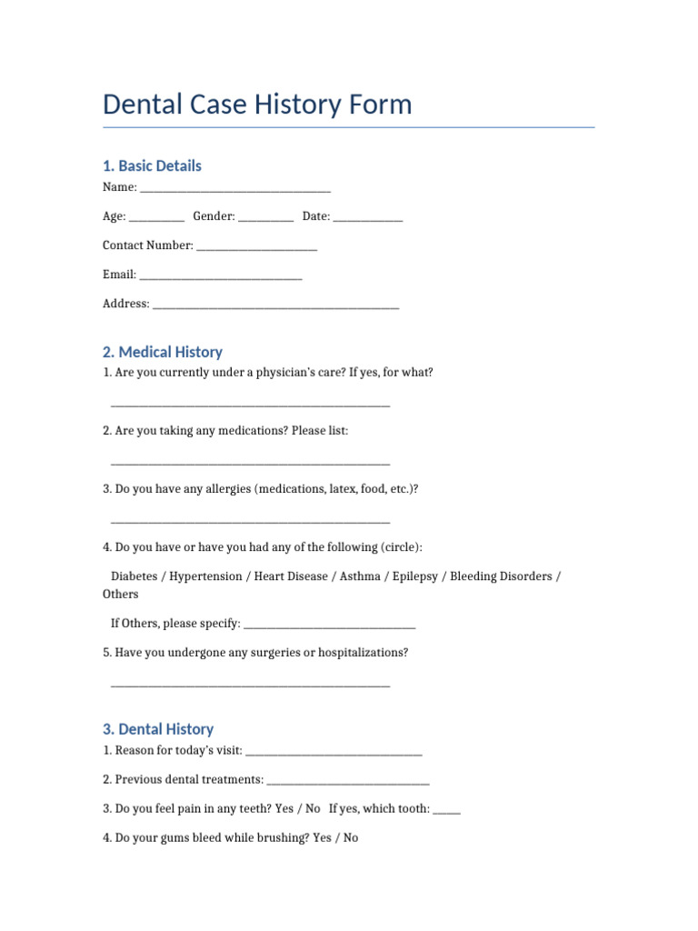 Dental Case History Form Template | PDF