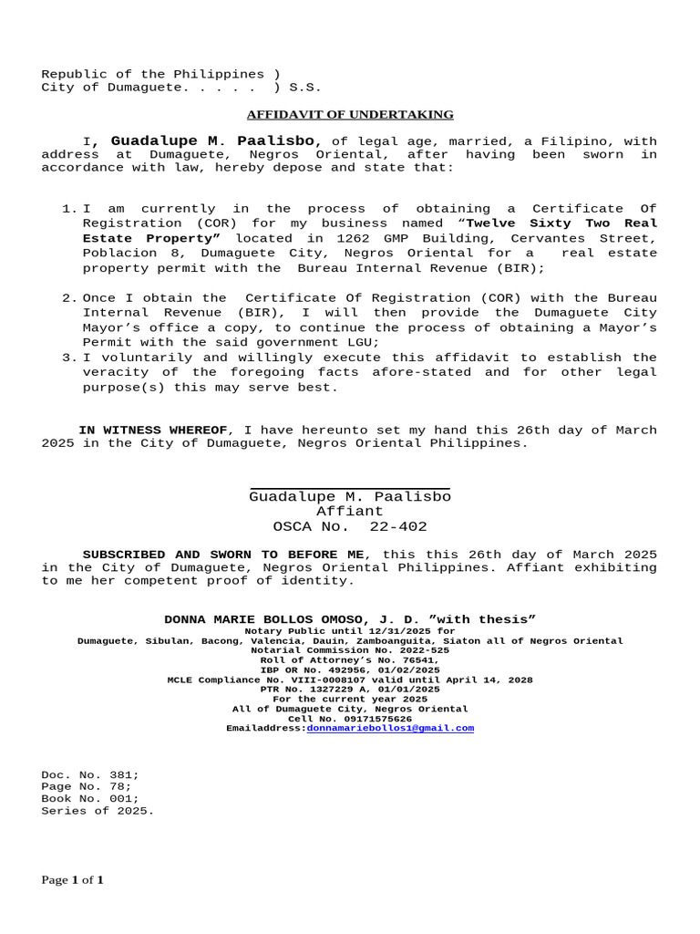 Affidavit of Undertaking Form - SOLO PARENT 2025 TEMP | PDF | Affidavit | Legal Procedure