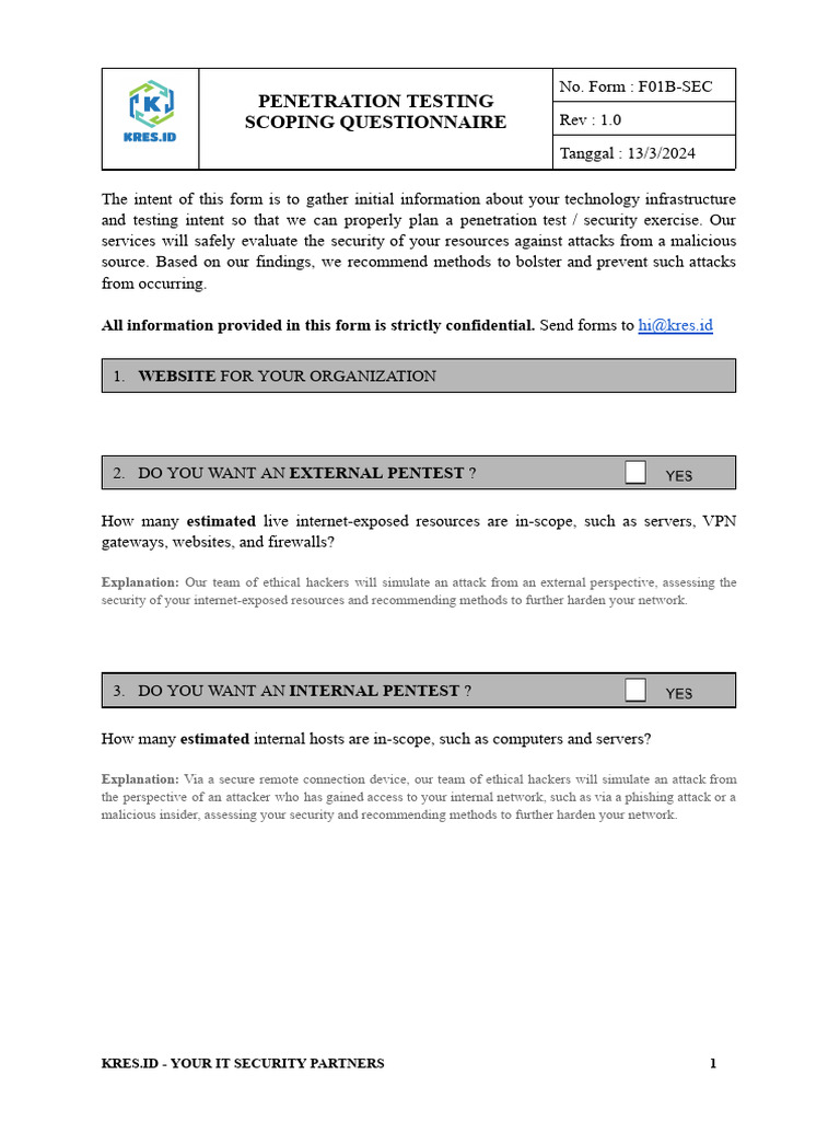 F01B-SEC-Questionnaire Penetration Testing | PDF | Security | Computer ...