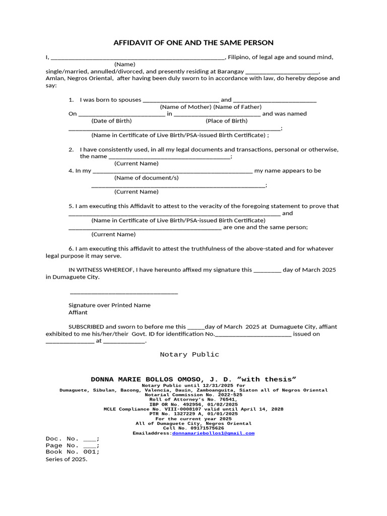 AFFIDAVIT OF ONE AND THE SAME PERSON | PDF | Affidavit | Common Law