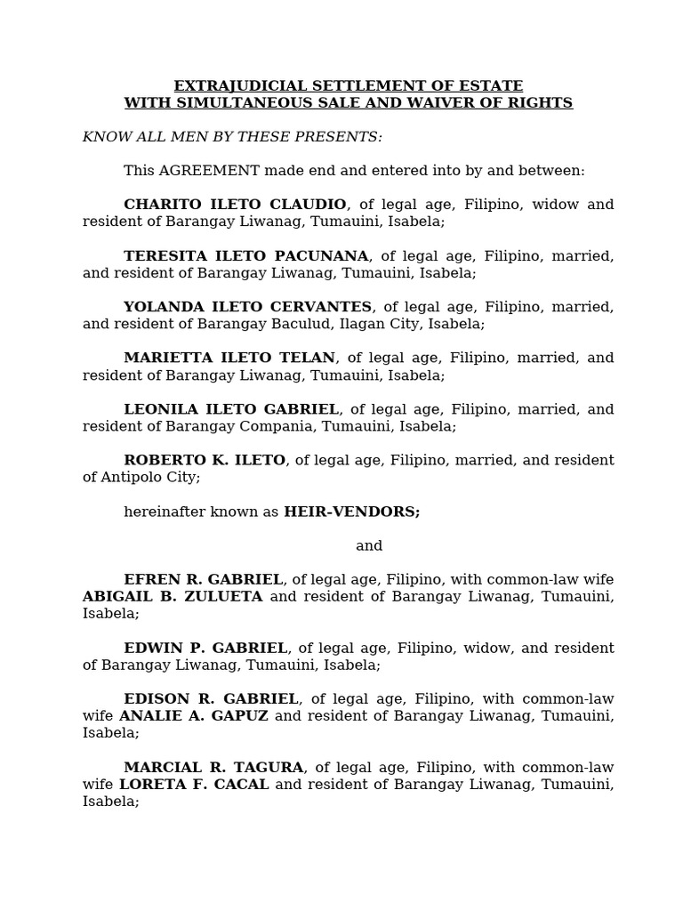 Extrajudicial Settlement of Estate With Deed of Sale - Ileto | PDF | Justice | Crime & Violence