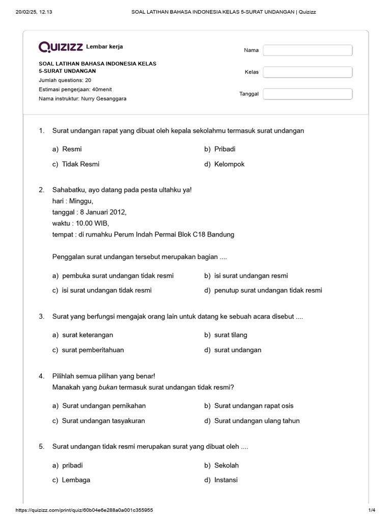 SOAL LATIHAN BAHASA INDONESIA KELAS 5-SURAT UNDANGAN _ Quizizz | PDF