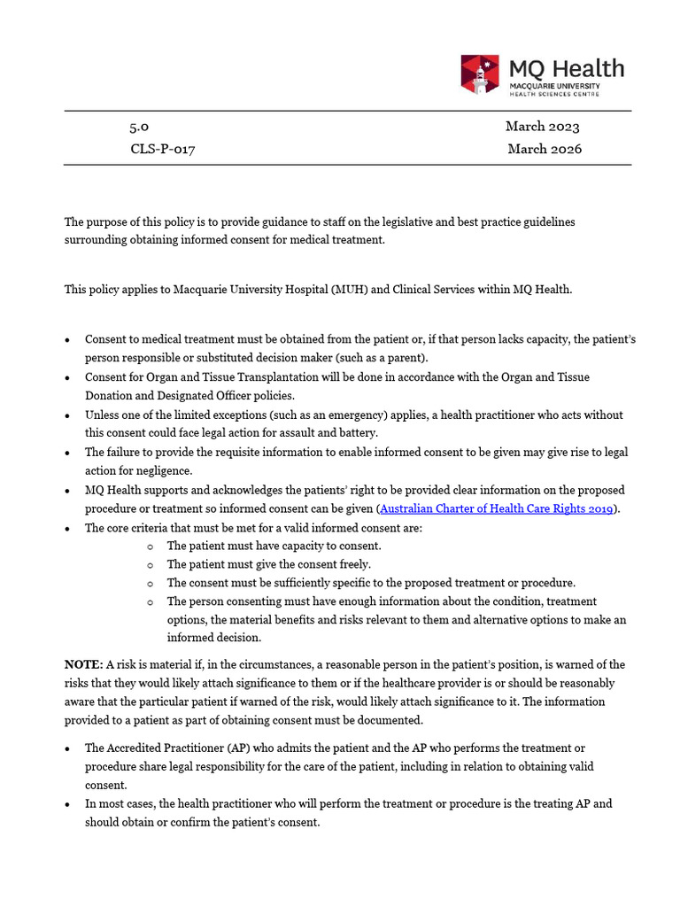 Medical Treatment Consent Policy V5.0 | PDF | Informed Consent ...