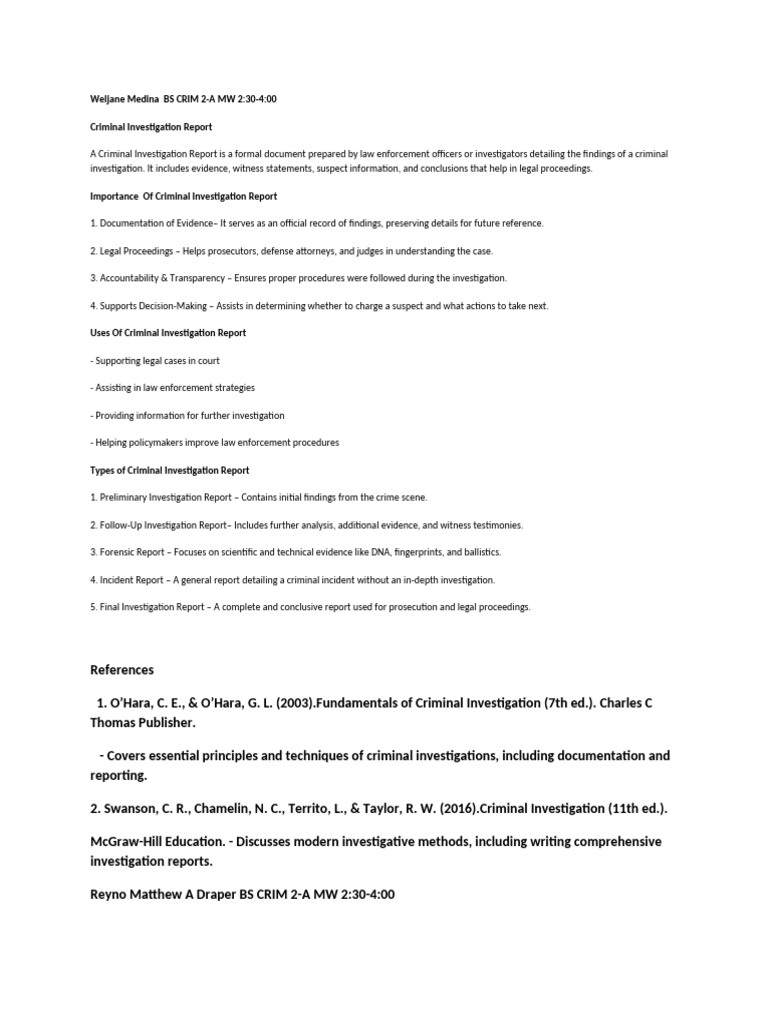 Criminal Investigation Report Overview | PDF | Witness | Forensic Science