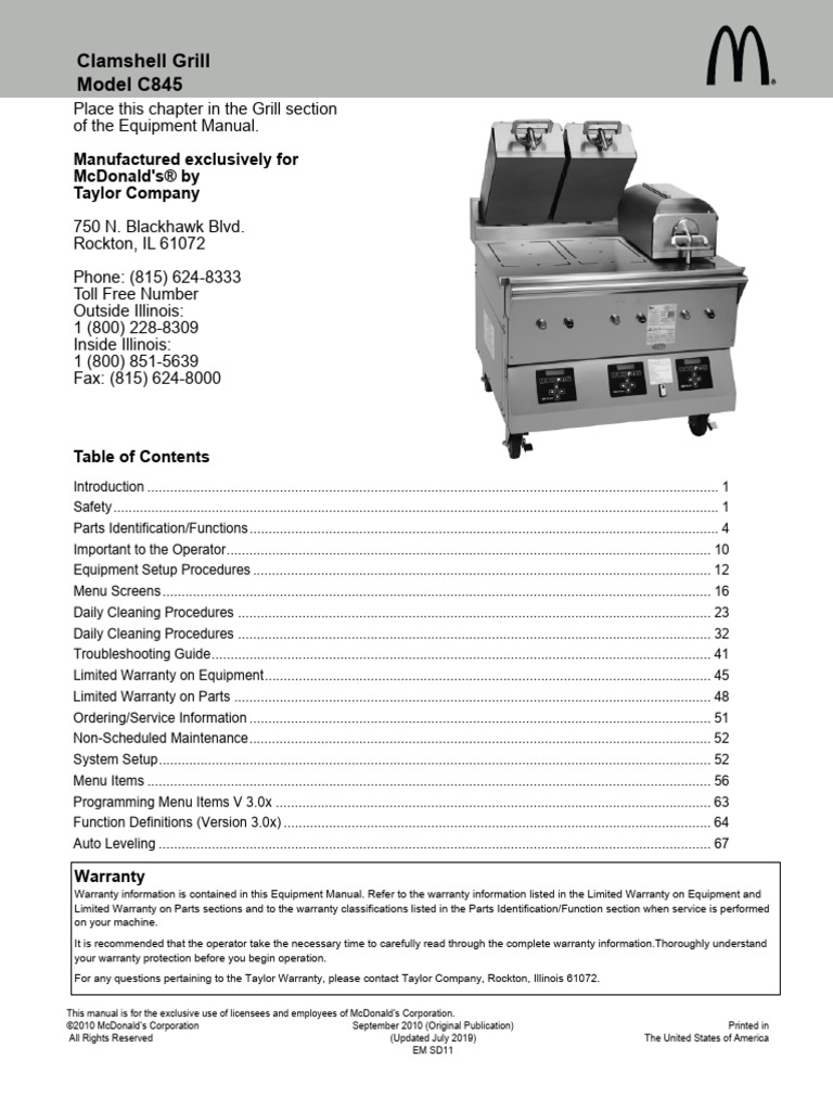 Clamshell Grill Model C845: Manufactured Exclusively For Mcdonald'S® by ...