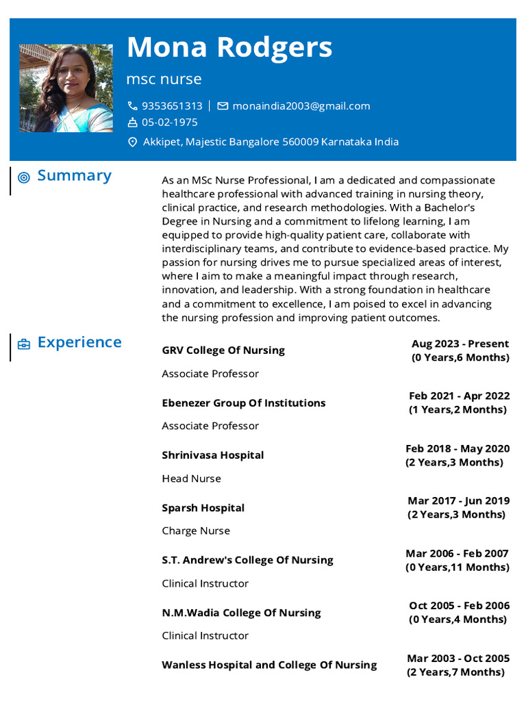MSc Nurse Mona Rodgers: Professional Profile | PDF | Nursing | Health Care