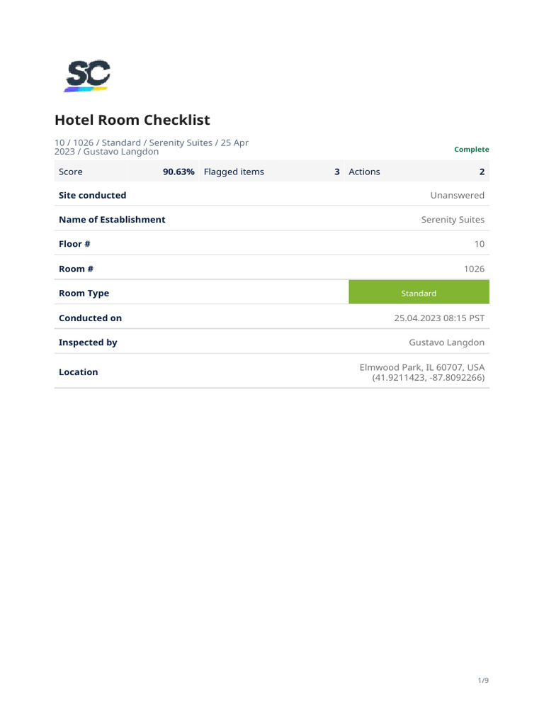 Hotel Room Checklist Sample Report SafetyCulture | PDF | Bathroom | Shower
