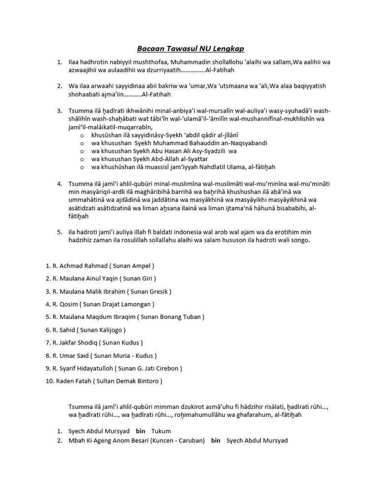 Bacaan Tawasul NU Lengkap | PDF | Jawa