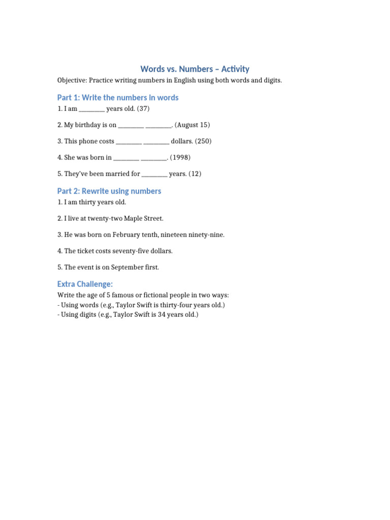 Words Vs Numbers Activity Thami | PDF