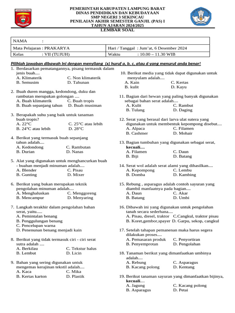 Soal Pas 7.1 2024-2025 - 012534 | PDF