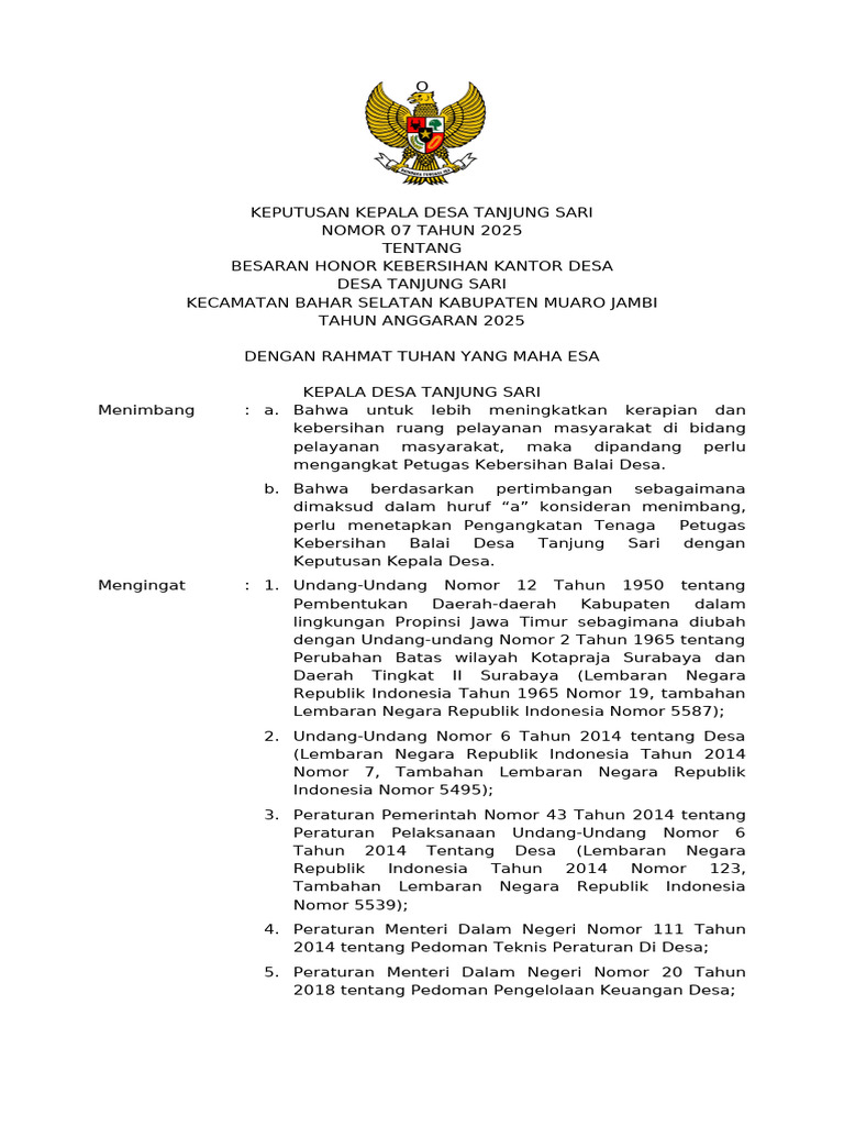 Honor Kebersihan Desa Tanjung Sari 2025 | PDF