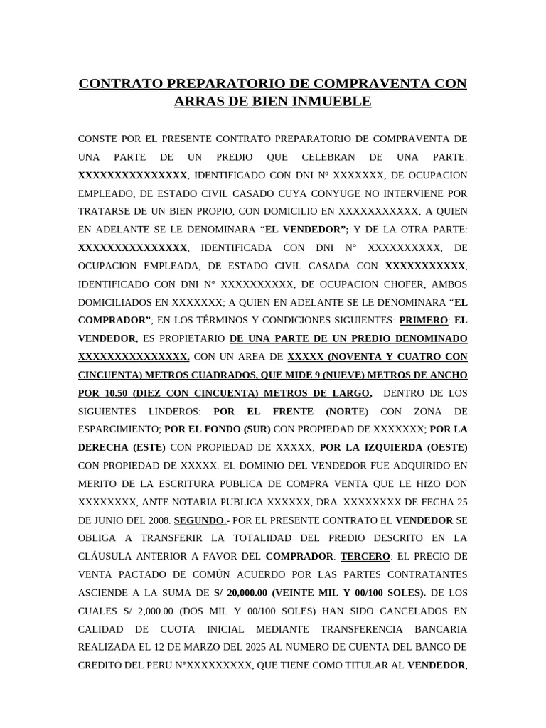CONTRATO PREPARATORIO DE COMPRAVENTA CON ARRAS DE BIEN INMUEBLE- MODELO | PDF