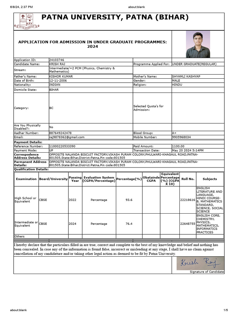 patna university admission form | PDF