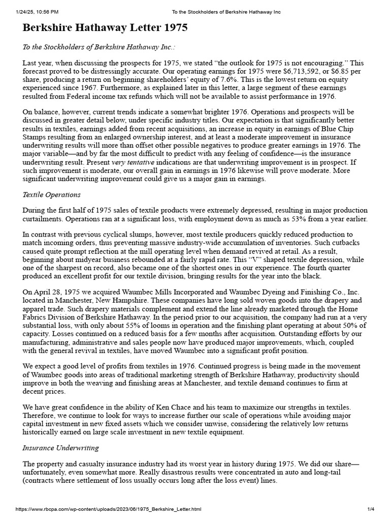 Berkshire Hathaway 1975 Shareholder Letter | PDF | Insurance | Equity ...