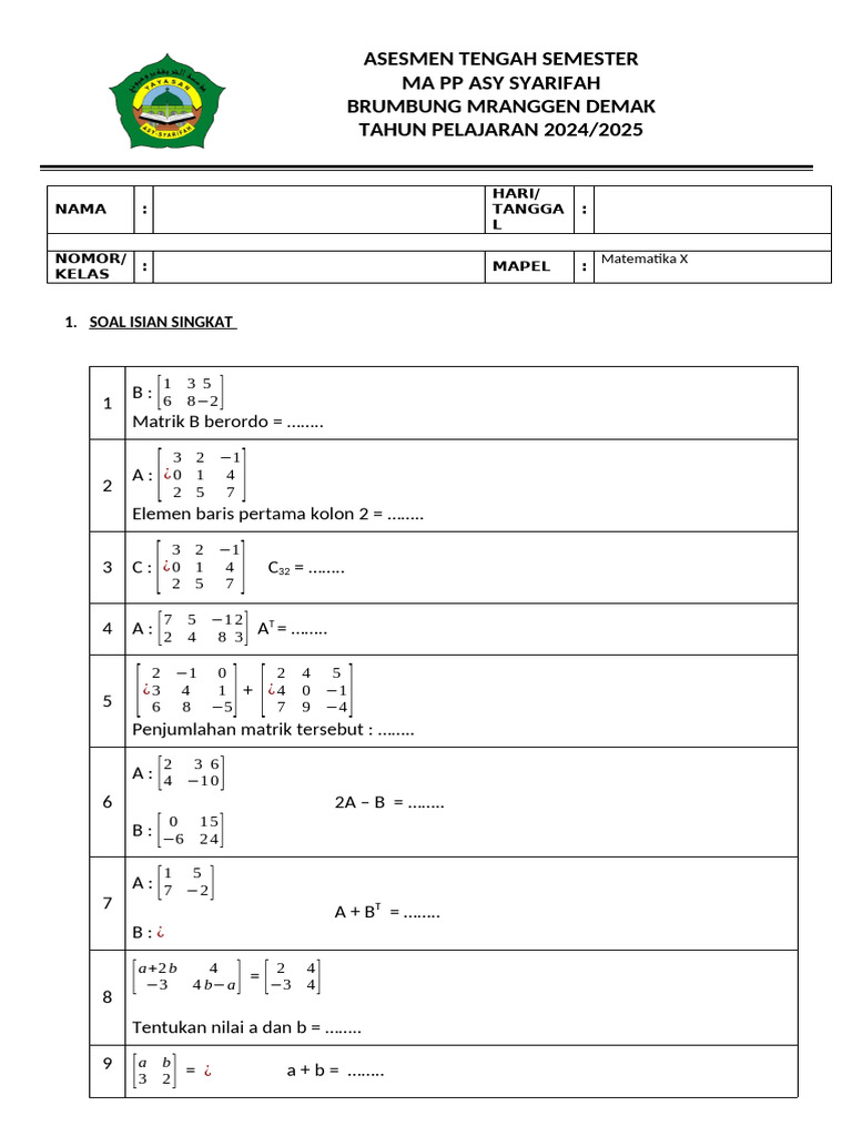 Asesmen MTK Xi Ganjil 2024 | PDF