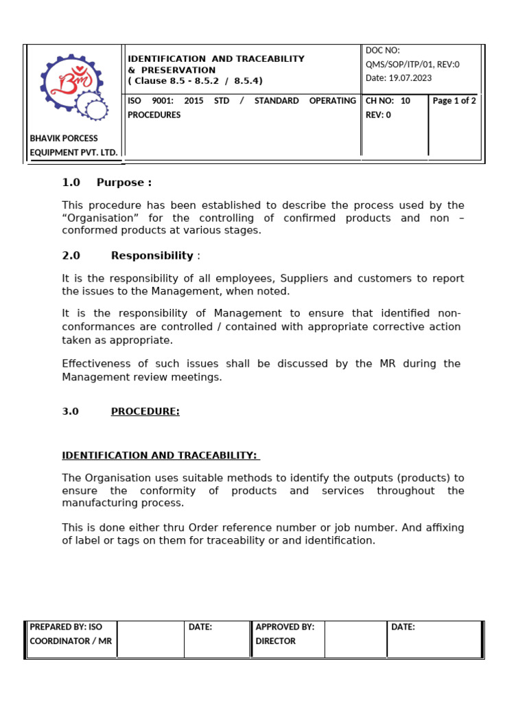 10 Identificn, Traceability Procedure | PDF | International Organization For Standardization
