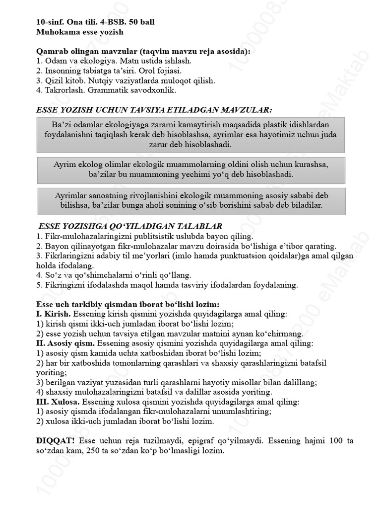 10-Sinf - Ona Tili - IV Chorak - 4-BSB | PDF