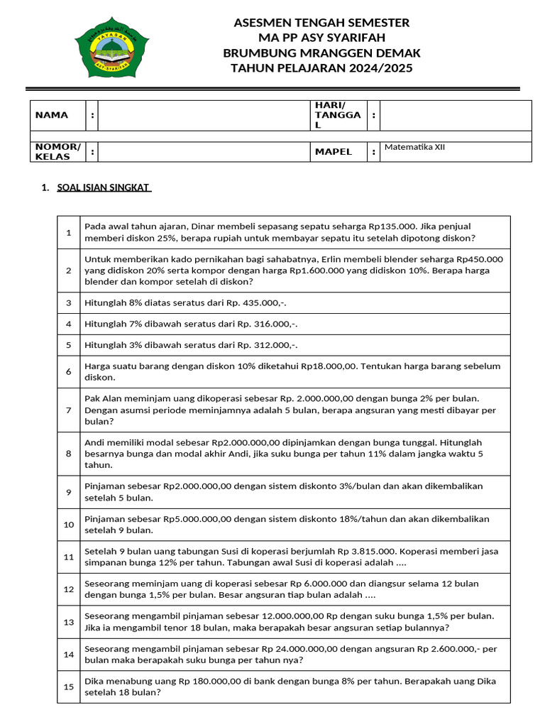Asesmen MTK Xii Ganjil 2024 | PDF