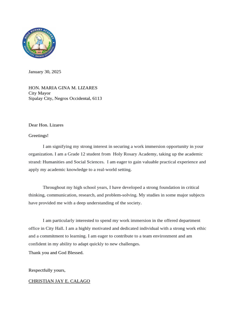 Application Letter Christian Jay Calago | PDF
