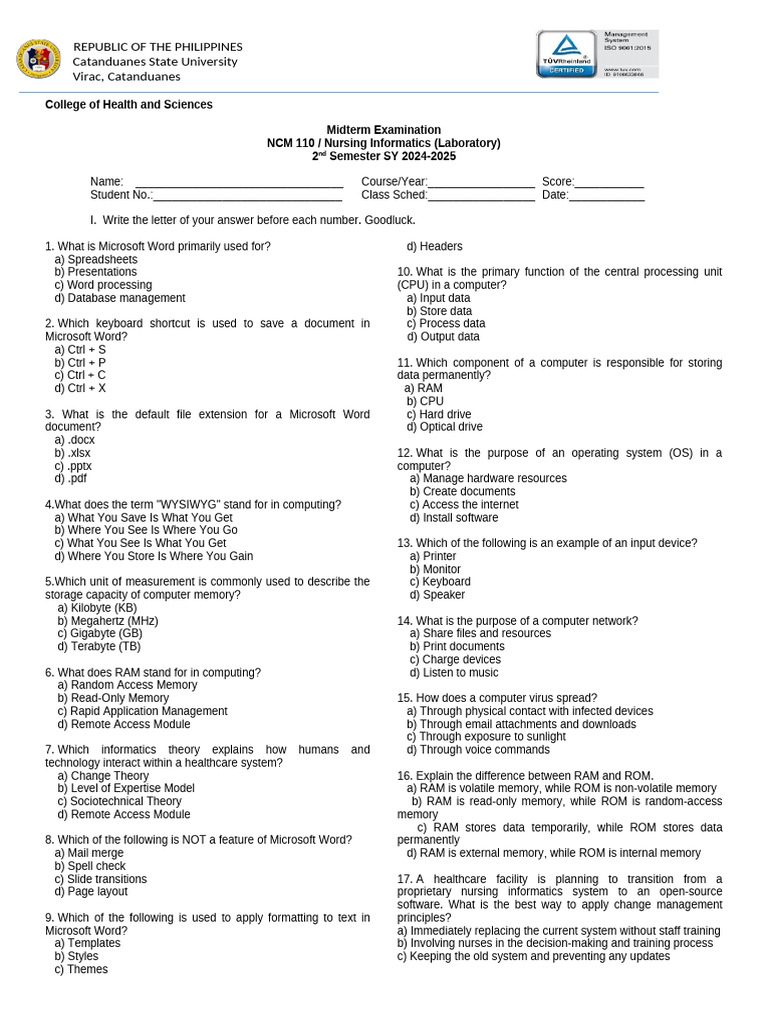 NCM 110 Midterm Lab Final | PDF | Electronic Health Record | Random Access Memory