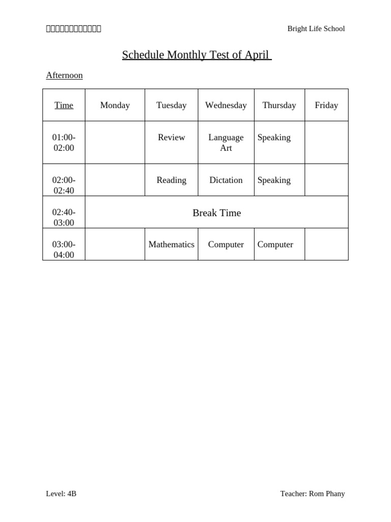 April Test Schedule for Bright Life School | PDF
