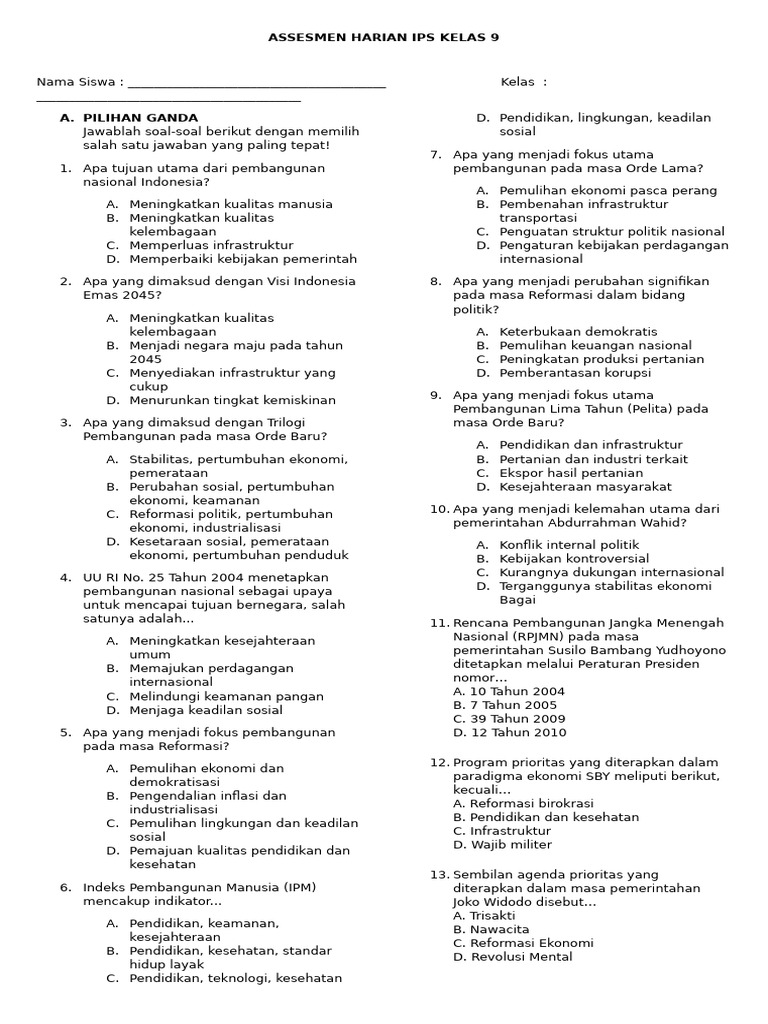 Bab 3 Sub Bab 1 Assesmen Harian Ips Kelas 9 | PDF