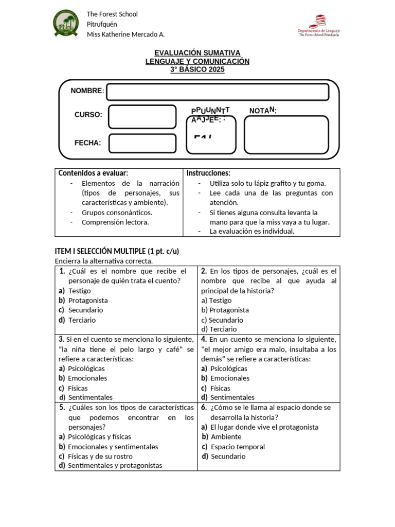 EVALUACIÓN SUMATIVA ABRIL- 3° básico | PDF