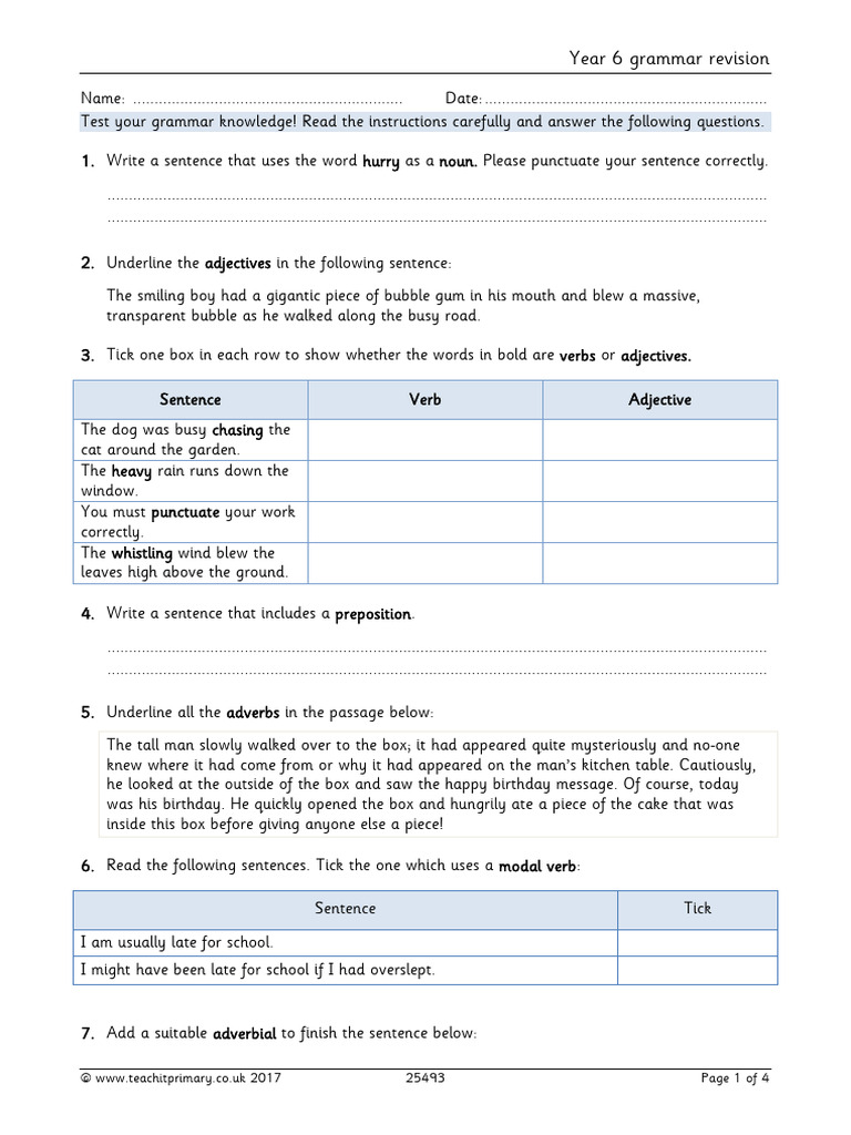 Year 6 Grammar Revision Worksheet | PDF | Verb | Adjective
