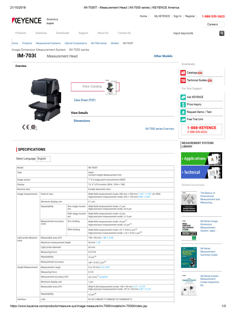 Keyence IM-7030T Measurement Head Overview | PDF | Imaging | Optics