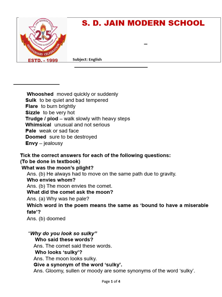 Comet and Moon Poem Q&A for Class 6 | PDF | Moon | Comet