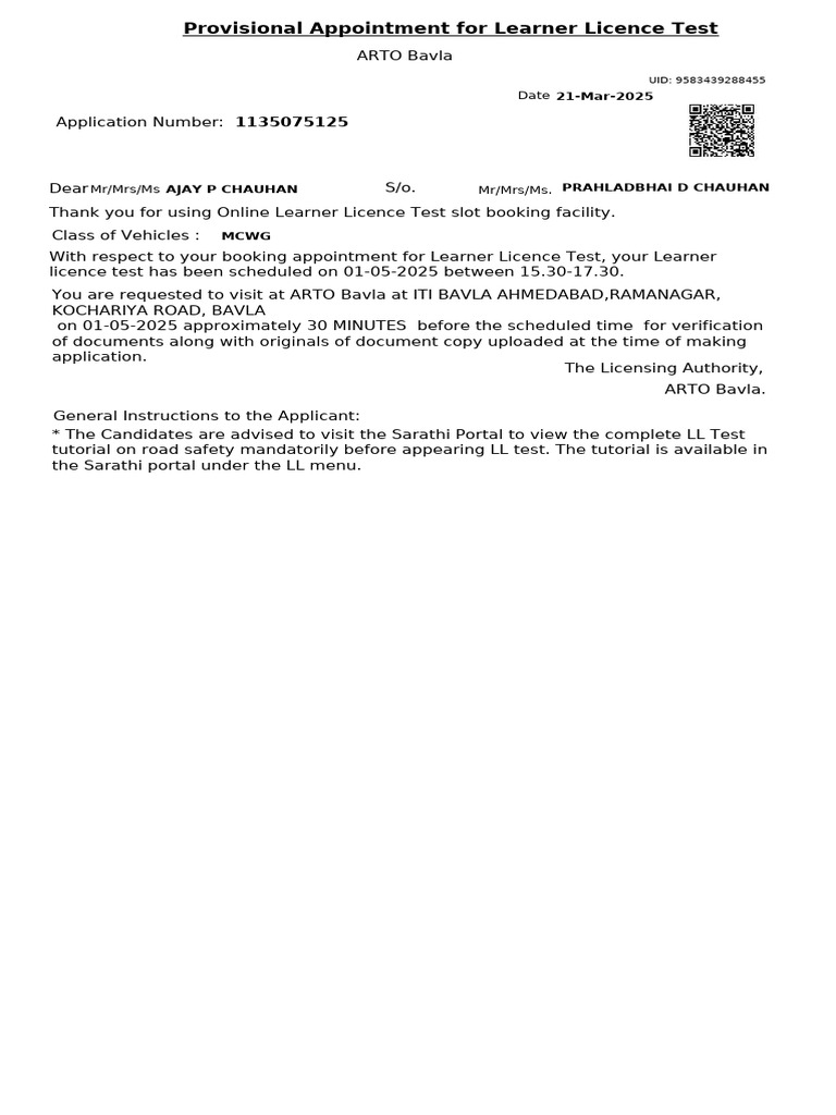 Provisional Appointment For Learner Licence Test | PDF