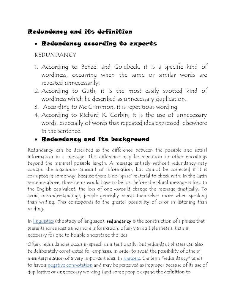 Redundancy and its definition according to experts | PDF | Style ...