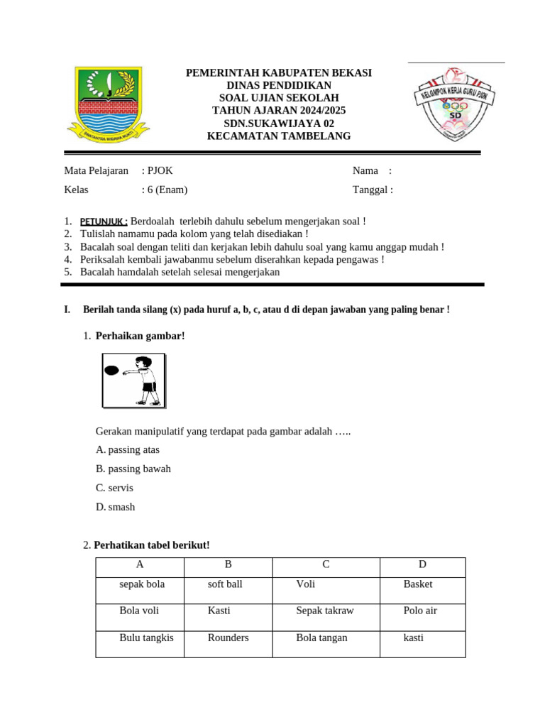 Soal US SD - PJOK New | PDF