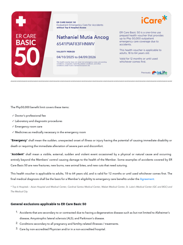 ER Care Basic 50 Health Voucher Details | PDF | Surgery | Hospital