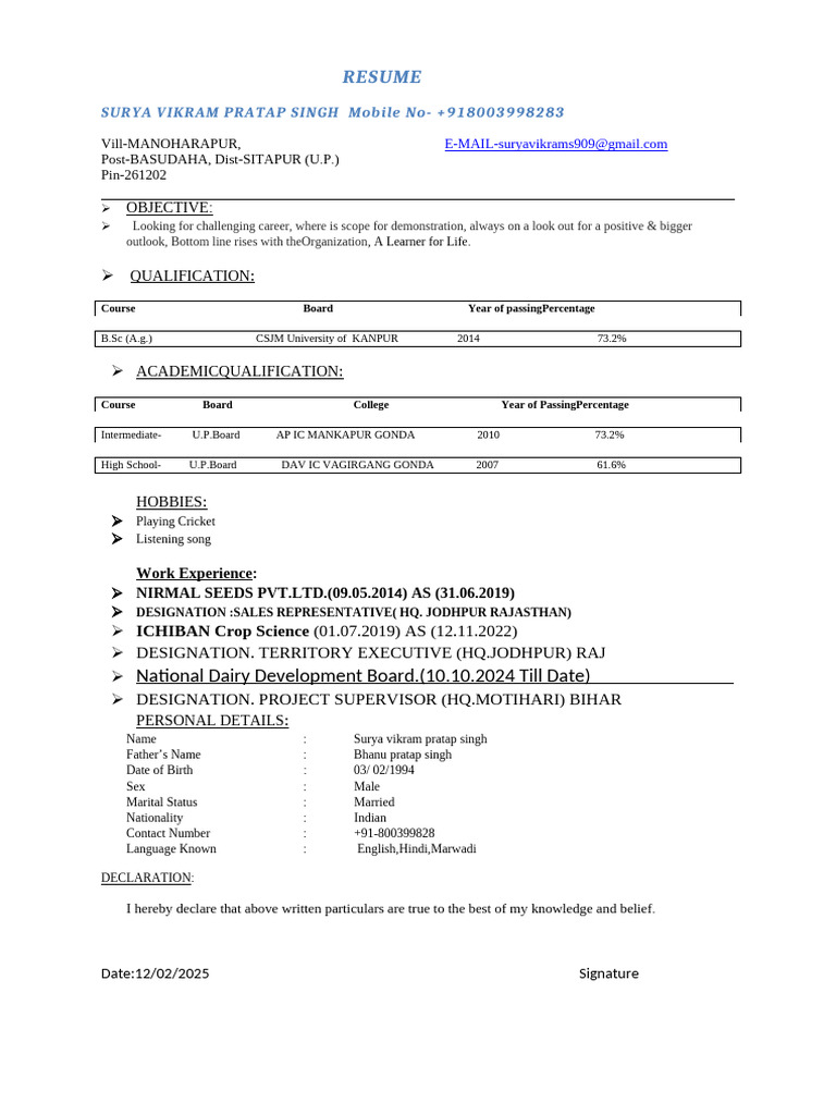Resume of Surya Vikram Pratap Singh | PDF