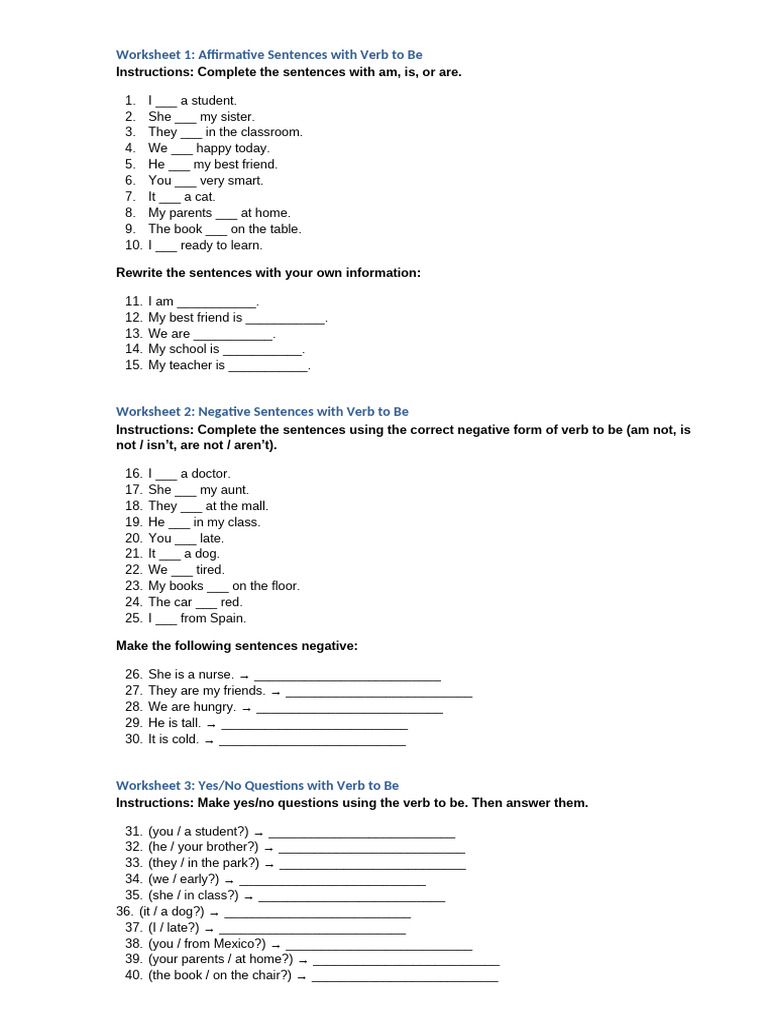 Verb To Be Worksheets | PDF