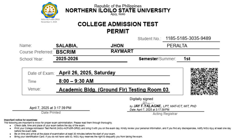 NISU Ajuy College Admission Test Permit | PDF | Evaluation Methods ...