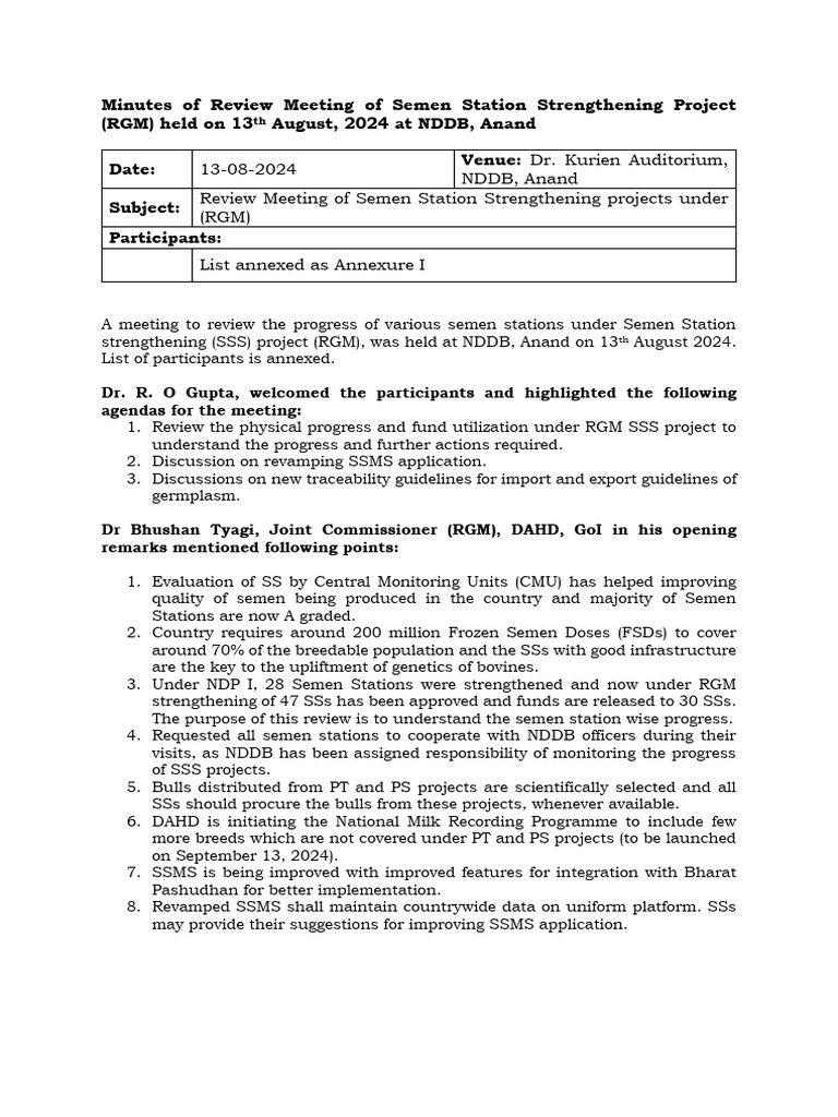 Minutes of The Review Meeting For SSS Projects Held On 13th August ...