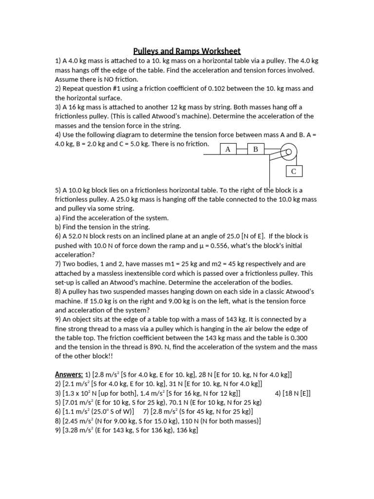Pulleys and Ramps Physics Worksheet | PDF | Force | Tension (Physics)