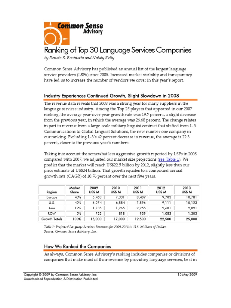 Ranking of Top 30 Language Services Companies: by Renato S. Beninatto ...