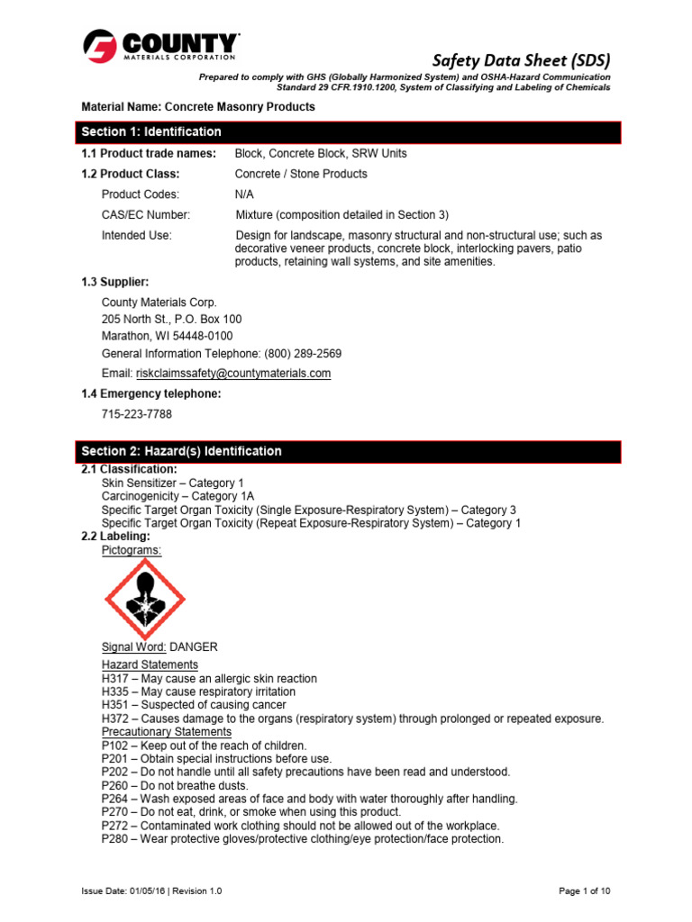 Concrete Masonry Safety Data Sheet | PDF | Silicon Dioxide ...